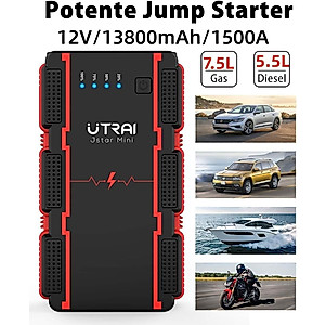 UTRAI Portable Car Jump Starter,1000A Peak 13800mAh Car Battery Jump Starter Pack JS-Mini （Up to 7.5L Gas and 5.5L Diesel Engine）,12V Auto Battery Booster,Lithium Jump Box with LED Light/USB QC3.0