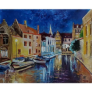SOLD - Nighttime in Brugge, Belgium City by Internationally Renowned Painter Yary Dluhos