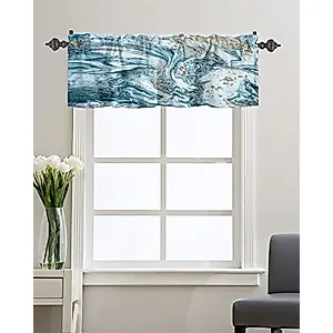 DoremiHome Marble Liquid Abstract Art Window Valance Rod Pocket Curtain Valance for Kitchen/Living Room,Blue White Gold Gradient Short Curtain Panels Window Treatment Decor Curtains 54x18in