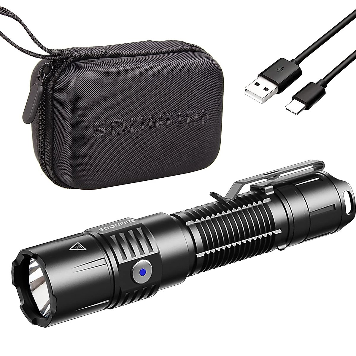 soonfire MX75 Ultra Bright Tactical Flashlight with Battery, USB C Fast Charging Rechargeable Flashlights, Powered by Customized Battery, Long Run Time for Emergency, EDC and Searching