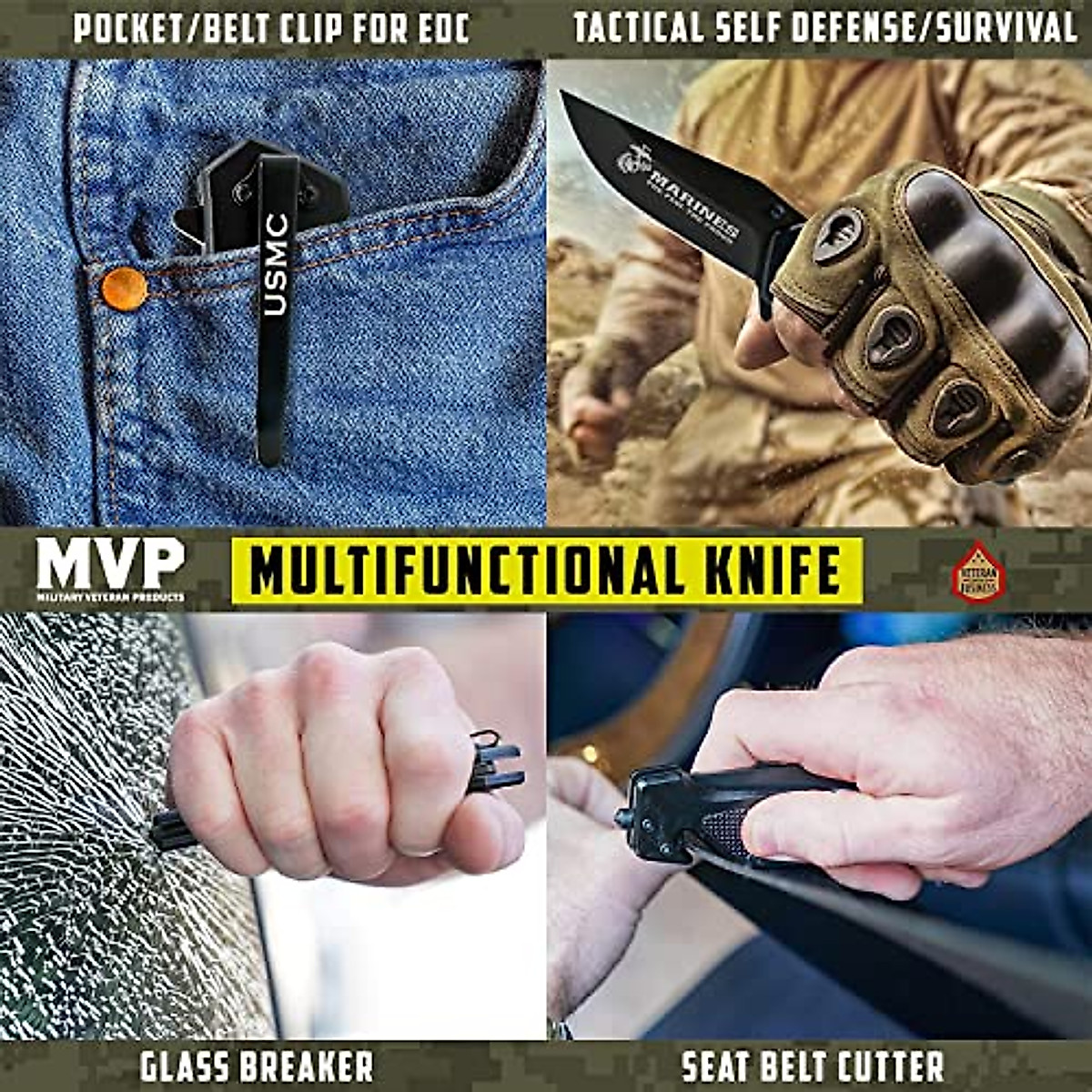 USMC Black Tactical Folding Knife-3.5 Inch Blade Marine Rescue & Hunting Knife-Two-Sided Engravings - USMC Gift-Disabled USMC Vet Owned SMALL Business