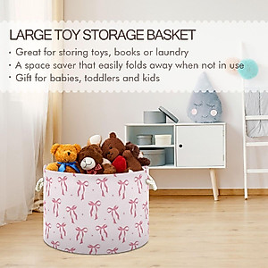 Krafig Cute Ribbon Bow Round Collapsible Storage Basket, Large Toy Storage, Laundry Baskets, Open Home Storage Bins for Toy Organizer, Home Decor, Clothes, Toys