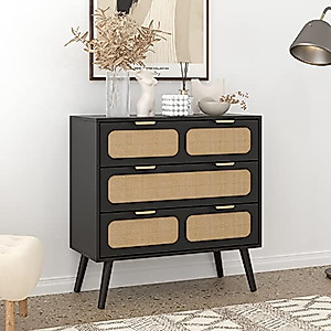 QEIUZON 3 Drawer Dresser, Modern Rattan Dresser Chest with Wide Drawers and Metal Handles, Farmhouse Wood Storage Chest of Drawers for Bedroom, Living Room, Hallway, Entryway (Black-2 Packs)