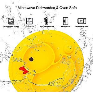 Silicone Divided Toddler Plates - Portable Non Slip Suction Plates for Children Babies and Kids BPA Free Baby Dinner Plate (Duck Blue/Yellow)