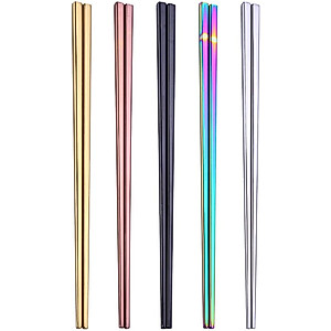 HuaLan Metal Chopsticks 18/8 Stainless Steel Chopsticks Japanese Korean Chopsticks Dishwasher Safe Resistant to Acids and Alkalis Fadless Anti-slip Reusable Chop Sticks 5 Pairs Gift Set - Multicolor