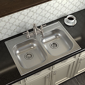 Moen GS202173BQ 2000 Series 33-inch 20 Gauge Drop-in Double Bowl Stainless Steel Kitchen Sink, 3 Hole, Featuring QuickMount