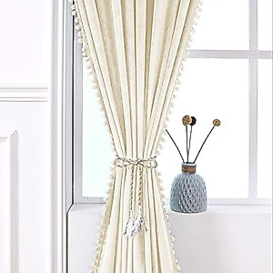 VANASEE Pompom Velvet Curtains for Bedroom Rod Pocket 52x84 inch Soft Blackout Window Curtains Room Darkening Drape Light Blocking for Living Room 2 Panels,Ivory