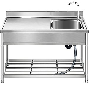 Free Standing Stainless-Steel Single Bowl, Commercial Restaurant Kitchen Sink Set w/Faucet & Drainboard, Prep & Utility Washing Hand Basin w/Workbench & Storage Shelves Indoor Outdoor (47in)