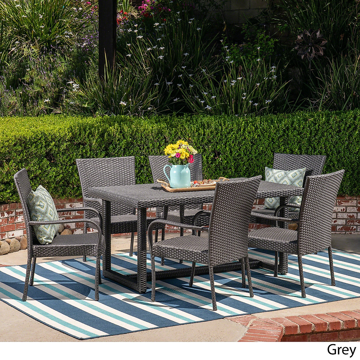 Christopher Knight Home Liam Outdoor 7 Piece Wicker Dining Set, Grey