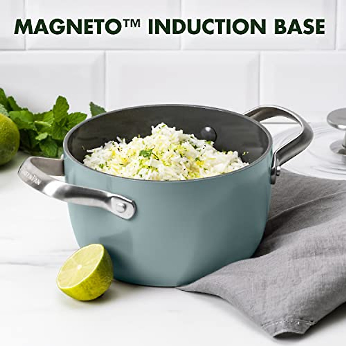 GreenPan Healthy Ceramic Nonstick, 2QT Rice Grains and Soup Maker, Caldero Pot with Lid, PFAS-Free, Induction, Dishwasher Safe, Oven Safe, Smokey Blue