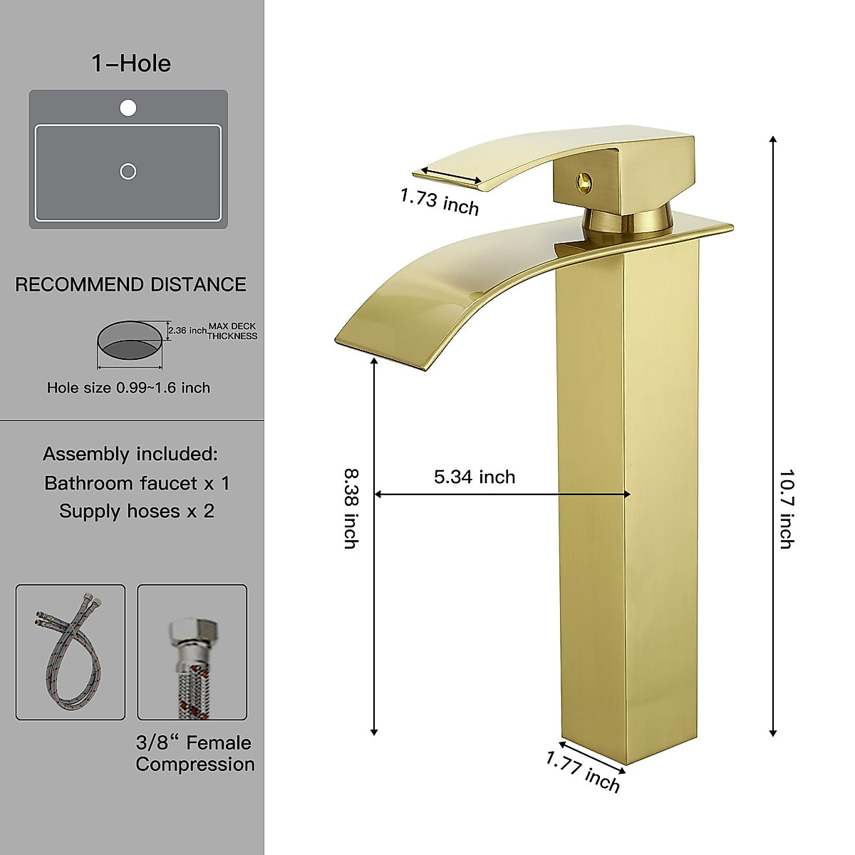 BWE Vessel Sink Faucet Modern Waterfall Brushed Gold Single Hole Bathroom Faucet Single Handle with Pop up Drain without Overflow Assembly Vanity Basin Bath Sink Faucets Mixer Tap Lead-Free