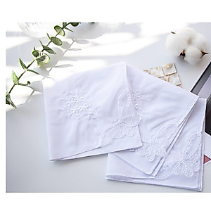 BonjourMrsMr Ladies Womes White Embroidery Cotton Handkerchiefs Wedding Hankies Scalloped 3PCS