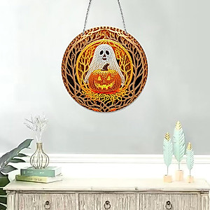 LUSandy DIY 5D Halloween Ghost Pumpkin Diamond Painting Kits Hanging Sign Wall Art Sign Pumpkin Diamond Art Suncatcher Window Hanging Ornament Window Pendants for Adults Home Garden Wall Door