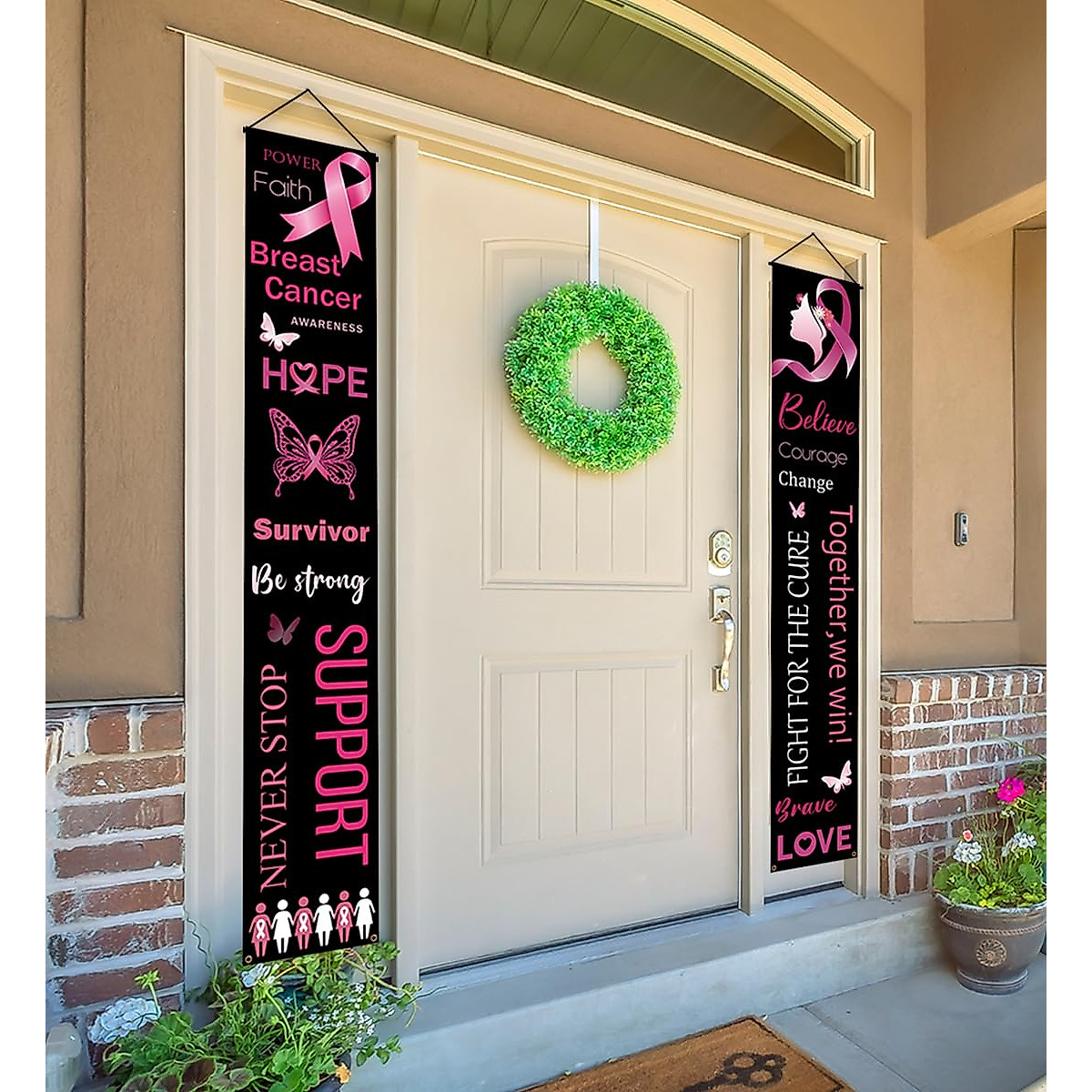 Breast Cancer Awareness Porch Sign-Hope Love Cure Party Supplies Pink Ribbon Door Banner Women October Breast Cancer Month Decorations for Home