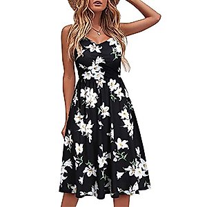 YATHON Casual Dresses for Women Sleeveless Cotton Summer Beach Dress A Line Spaghetti Strap Sundresses with Pockets (M, YT090-Black Floral 01)