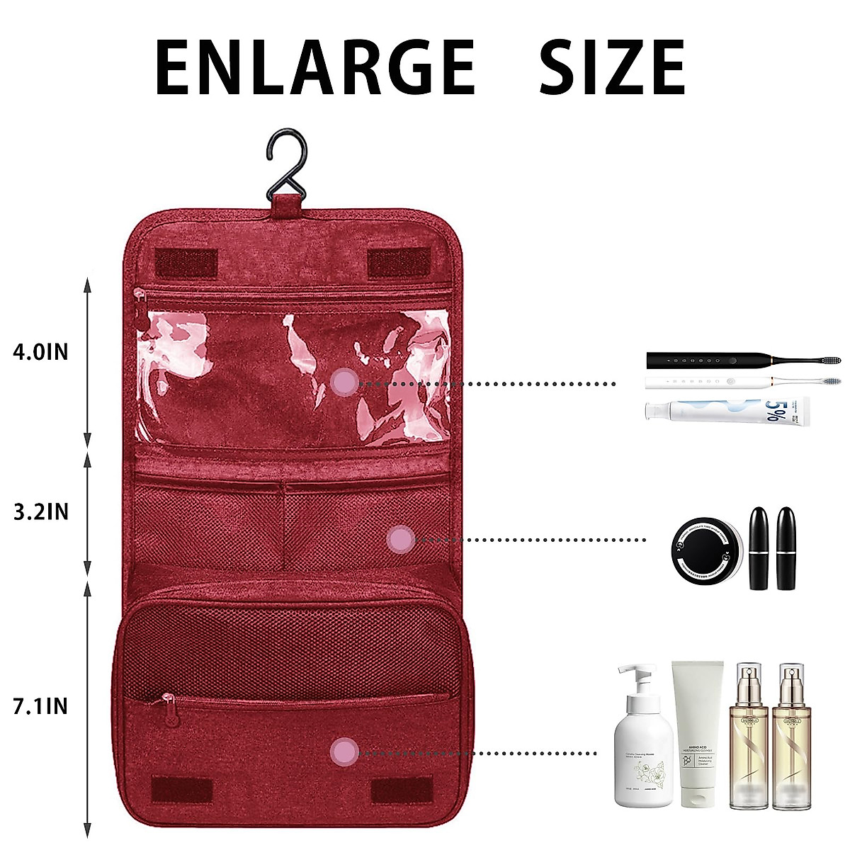 YUNZSXJY Hanging Toiletry Bag Large Capacity Hanging Toiletry Bag for Women and Men Waterproof Travel Cosmetic Bag with Sturdy Hook (Red)