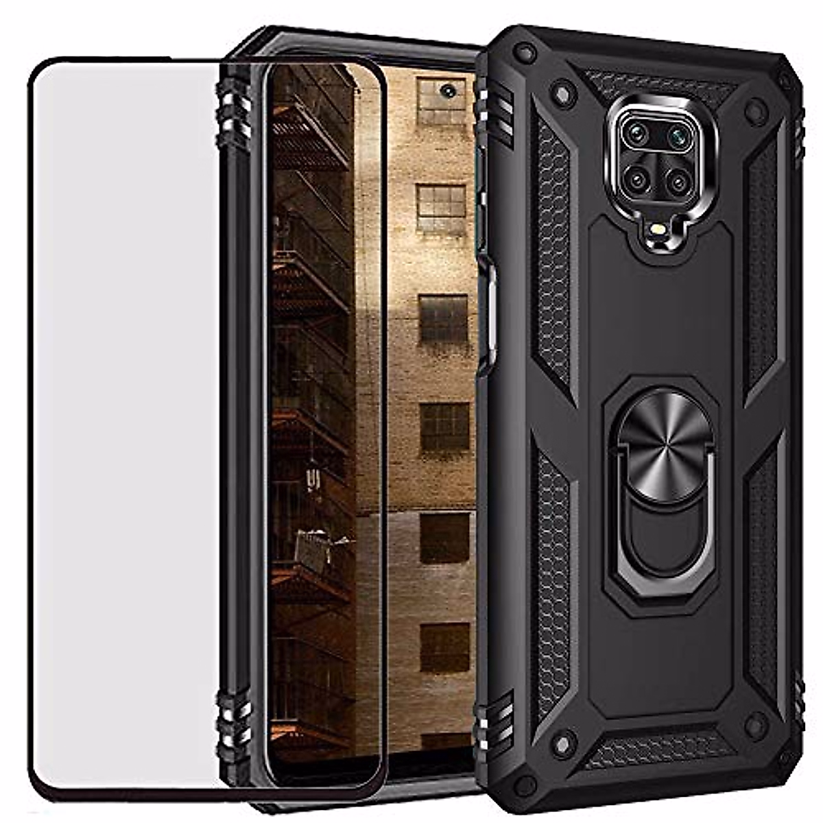 DuoLide for Xiaomi Redmi Note 9S / Note 9 Pro Case with Tempered Glass Screen Protector,Hybrid Heavy Duty Dual Layer Anti-Scratch Shockproof Defender Kickstand Armor Case Cover, Black