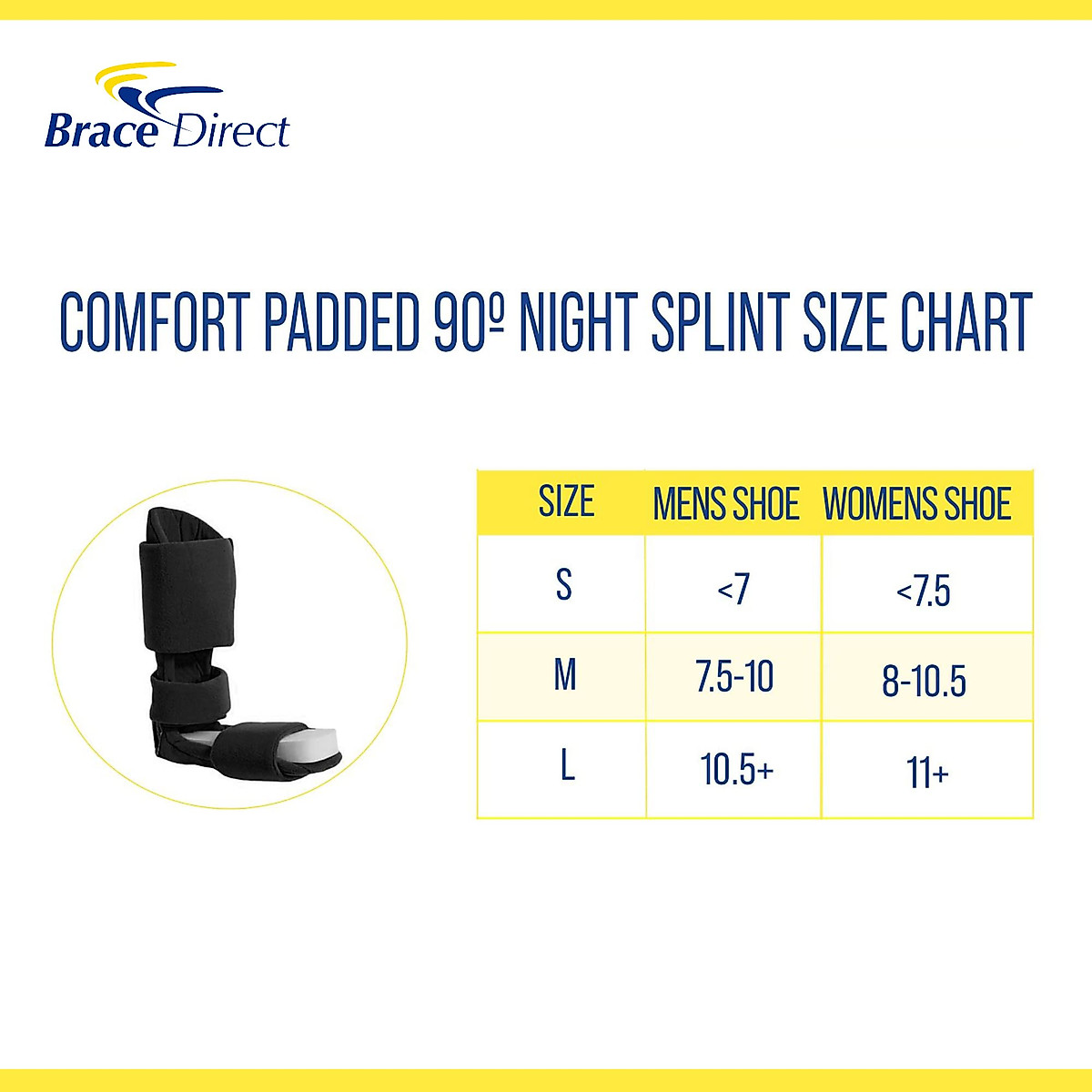 Brace Direct 90 Degree Comfort Padded Night Splint- Soft Sleeping Boot- Stretch for Plantar Fasciitis, Achilles Tendinitis and Heel Pain- Right or Left Foot- Men or Women