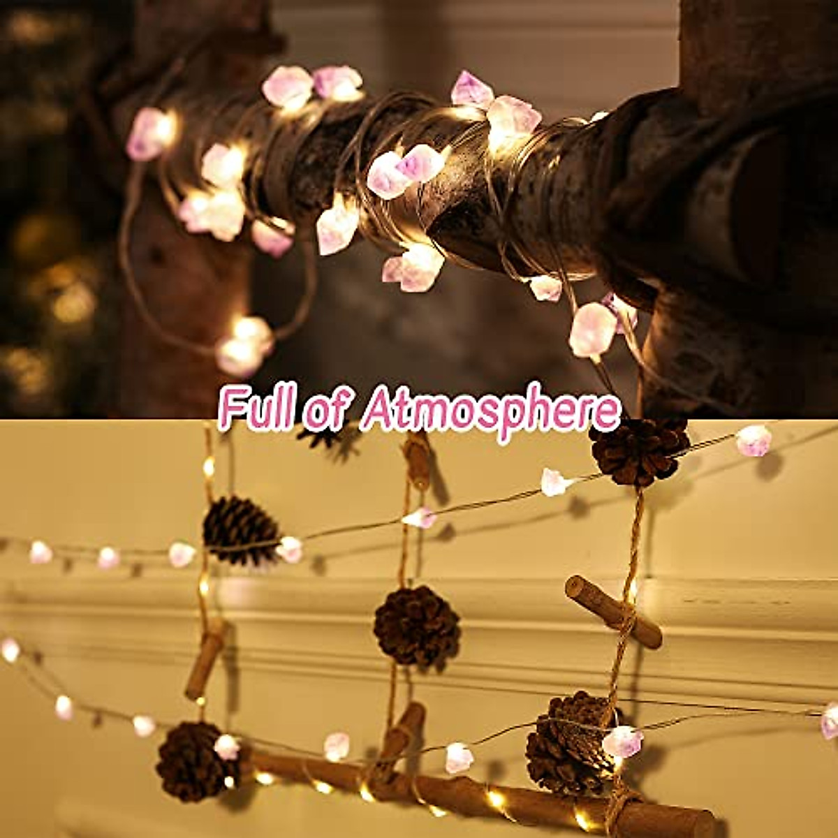 LUSHARBOR Crystal String Lights Indoor Battery Operated, Natural Fluorite String Lights, Amethyst Raw Stones Decorative Lights 9.8ft 30 LEDs String Lights for Bedroom Party Christmas Wedding Decor
