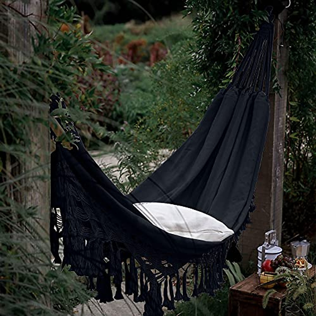 Xuanmuque Double Sized Boho Macrame Black Hammock with Elegant Tassels and Fishtail Knitting 485Lbs Includes Tie Ropes and Black Drawstring Bag for Women