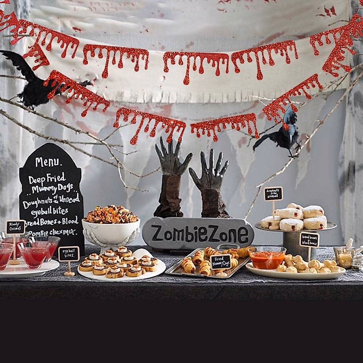 Cheerland Glitter Red Blood Drop Garland Kit for Vampire Diaries Birthday Party Horror Creepy Halloween Decorations Zombie Flag Banner Decor for Bday/Birthday Party Supplies