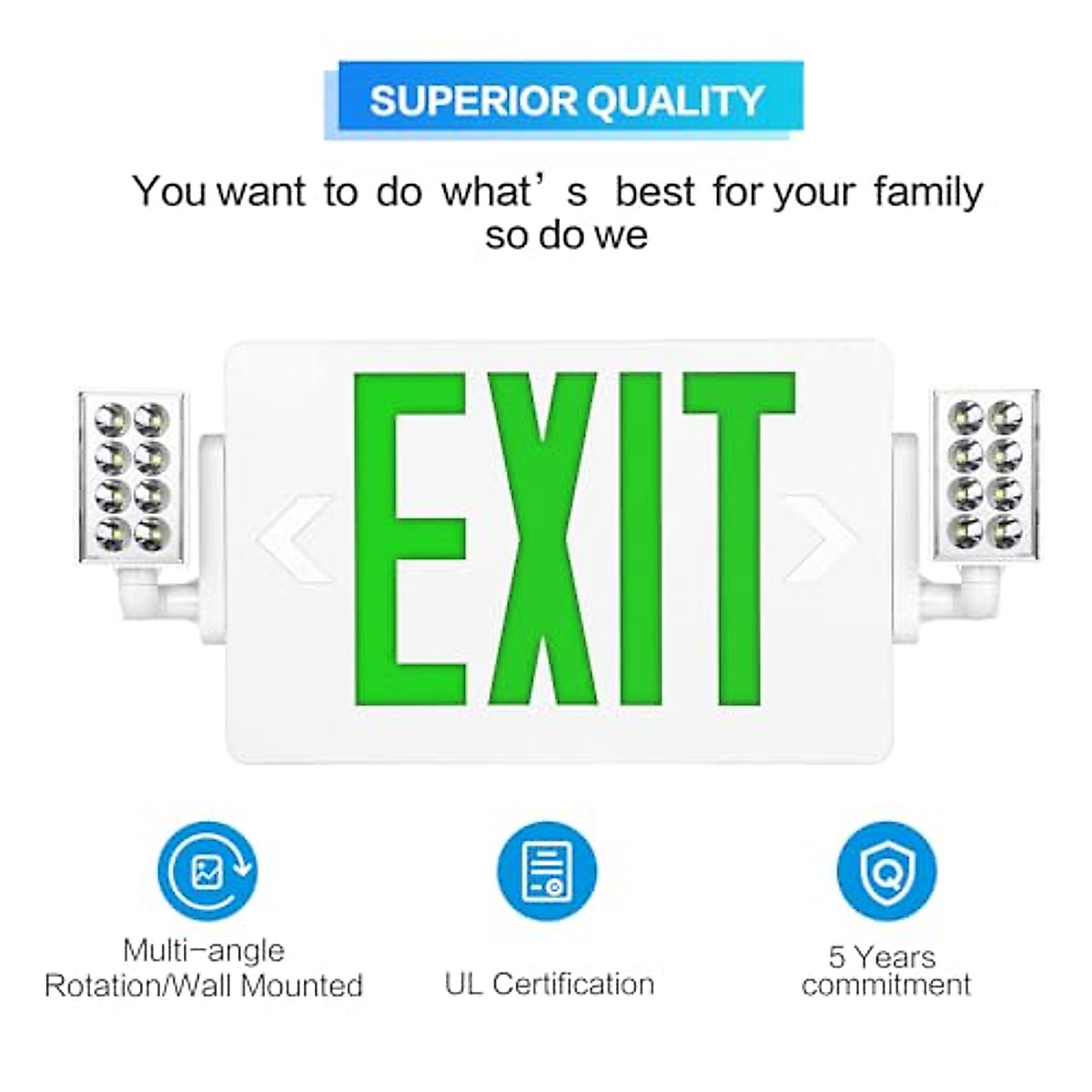 Spectsun 1 Pack Exit Signs with Emergency Lights,120-277VAC -LED Combo Emergency Light with Backup Battery-Double Face UL Listed Green Letter Exit Sign Lighting-Hard Wired-Fire Resistant