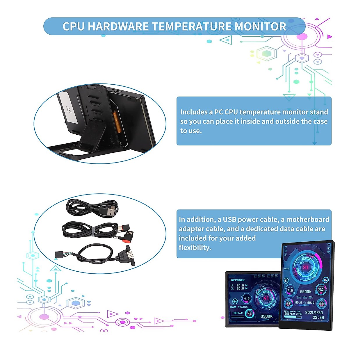 Gugxiom 3.5" Computer Temp Monitor, 320×480 IPS Full Viewing Angle 360° Rotatable PC Temperature Display Screen, CPU Hardware Temperature Monitor for Windows Only