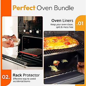 Oven Liners for Bottom of Oven (2-Pack) Bundled with Oven Rack Shields (2-Pack) - Large Oven Mat for Bottom of Oven (17"x 25") and 14" Silicone Oven Rack Protector - Reusable & Heat Resistant