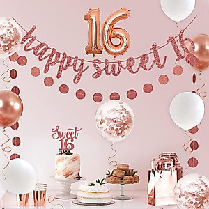 Sweet 16 Decorations Rose Gold - Happy Sweet 16 Birthday Banner Pre-Strung & Sweet 16 Cake Topper & Circle Dots Garland & White Rose Gold Confetti Balloons for 16th Birthday Decorations