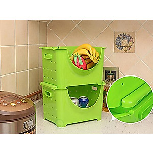 Basicwise Stackable Plastic Storage Container, Green Stacking Bins