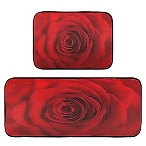 ALAZA Red Rose Flower 2 Piece Kitchen Rug Floor Mat Set Runner Rugs Non-Slip for Kitchen Laundry Office 20" x 28" + 20" x 48"