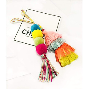 QTMY Cute Pom Pom Tassel Boho Purse Charms for Handbags Bag Pendant Keyring Keychain for Women Purse Decor
