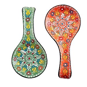 BCS Spoon Rest Set of 2 - Ceramic Spoon Holder for Stovetop & Kitchen Counter - Dishwasher Safe Handmade Kitchen Utensil (Green-Orange 4.5” W x 9" L)