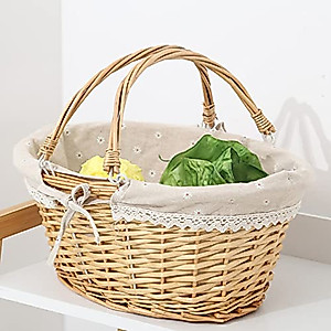 NUOBESTY Oval Willow Basket Wicker Woven Basket, Multipurpose Natural Willow Basket with Handle Premium Linen Cotton Cloth Lining for Storage and Decoration
