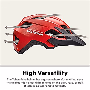 Schwinn Yahara ERT Bike Helmet for Youth Boys and Girls, Ages 8 to 14, Can Fit Head Circumference 54-58 cm, 14 Vents, Removable Visor, Adjustable Fit, Medium Red
