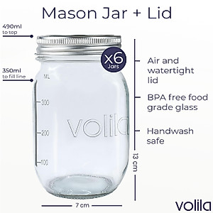 volila Mason Jar with Lid - 6 Pack 16 oz Mason Jars with 1-part Lid - Regular Mouth Mason Jars with Lids for Overnight Oats, Salad, Canning, Meal Prep, Pickling Jars, Food Storage and DIY Craft