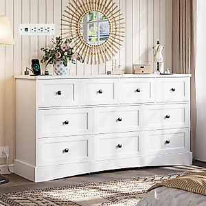 Hasuit White Dresser for Bedroom with 10 Drawers, 55.2" Long Drawer Dresser with Charging Station, Farmhouse Dresser Chest of Drawers, Large Wooden Storage Tower Organizer, Dresser for Bedroom Closet