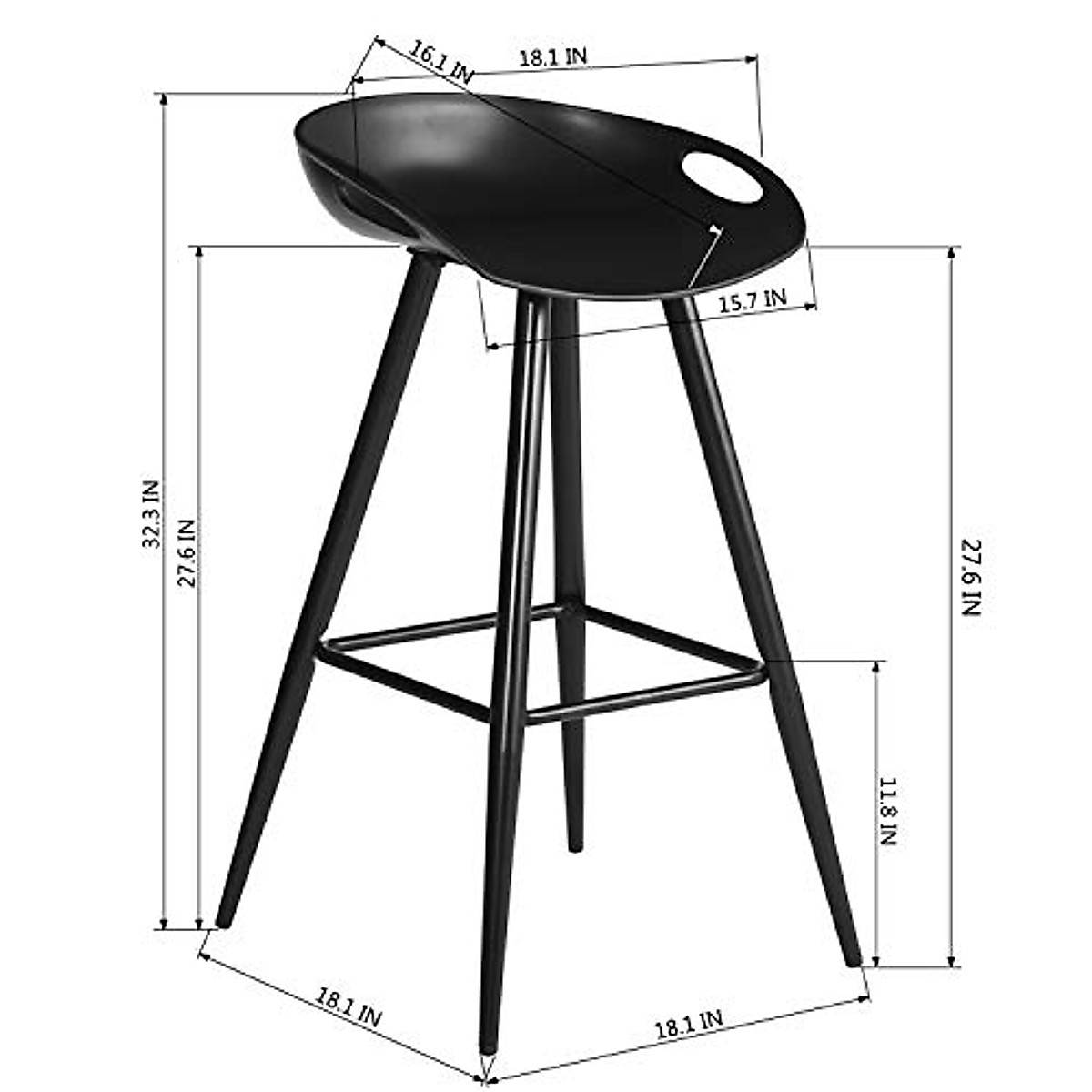 Set of 2 Bar Stools, 32.3-inch Simple Modern Style High Counter Stool with Low Backrest & Footrest & Metal Legs & PP Seat, Portable Barstools for Kitchen Island Patio Balcony, Full Black …