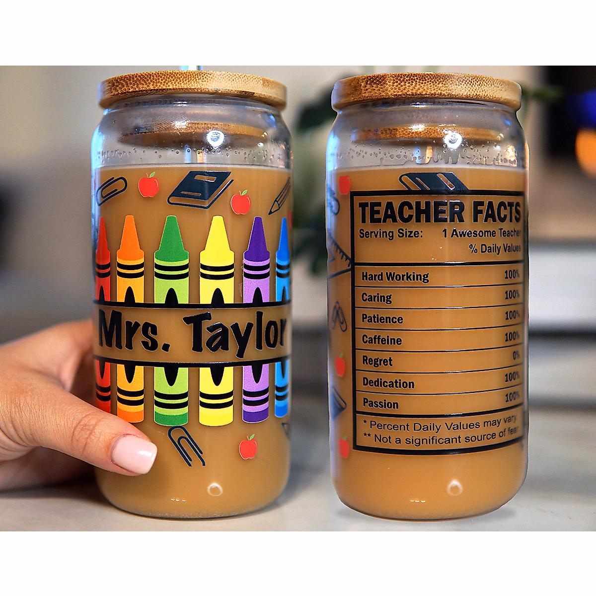 Personalized Teacher Tumbler Iced Coffee Glass Cup - Perfect End of School Year Student Appreciation Thank You Gift with Bamboo Lid and Straw for Teachers, Bulk Discounts Available - Libbey