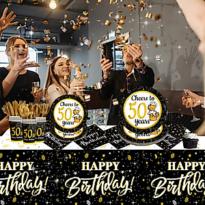 50th birthday decorations for men women - cheers to 50 years black gold Birthday supplies, Plates and Napkins, Cups, Knives, Forks, Spoons Included, tablecloth, Tableware for 24 Guests,Total 169pcs