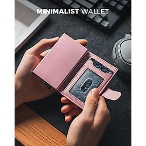 VULKIT Pop up Wallet Credit Card Holder with Leather Slots RFID Blocking Slim Metal Card Case for Men or Women(Rose)
