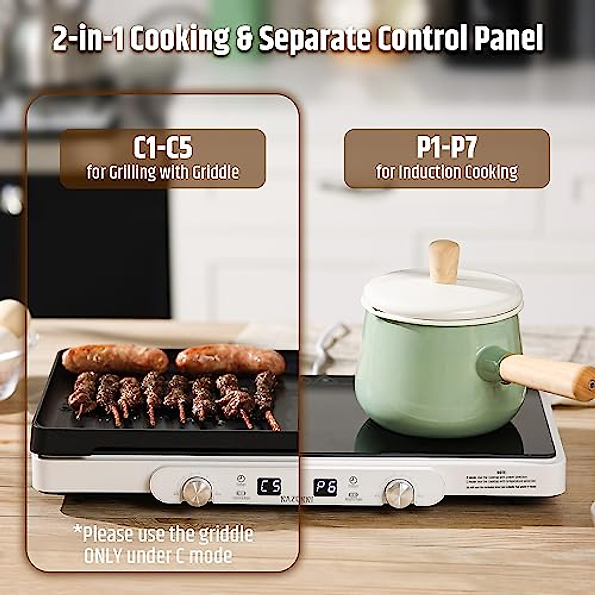 Razorri Electric Induction Cooktop, 2 Burners and Removable Cast Iron Griddle Pan Non-Stick, 1800W Double Burner with Dual Independent Temperature Control, Child Safety Lock & Timer - Ivory White