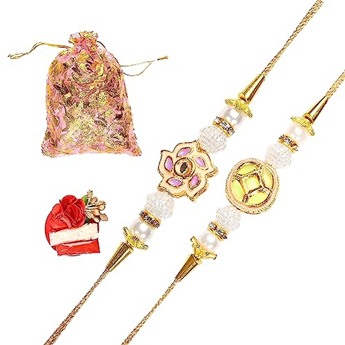 Tarini Gallery Set of 2 Rakhi for Brother Bhabhi Bhatija Bhaiya Bhai Raksha Bandhan gift Rakhi Thread Chain with Roli Chawal and Greeting card gift pack in pouch/Potli bag (Minakari)