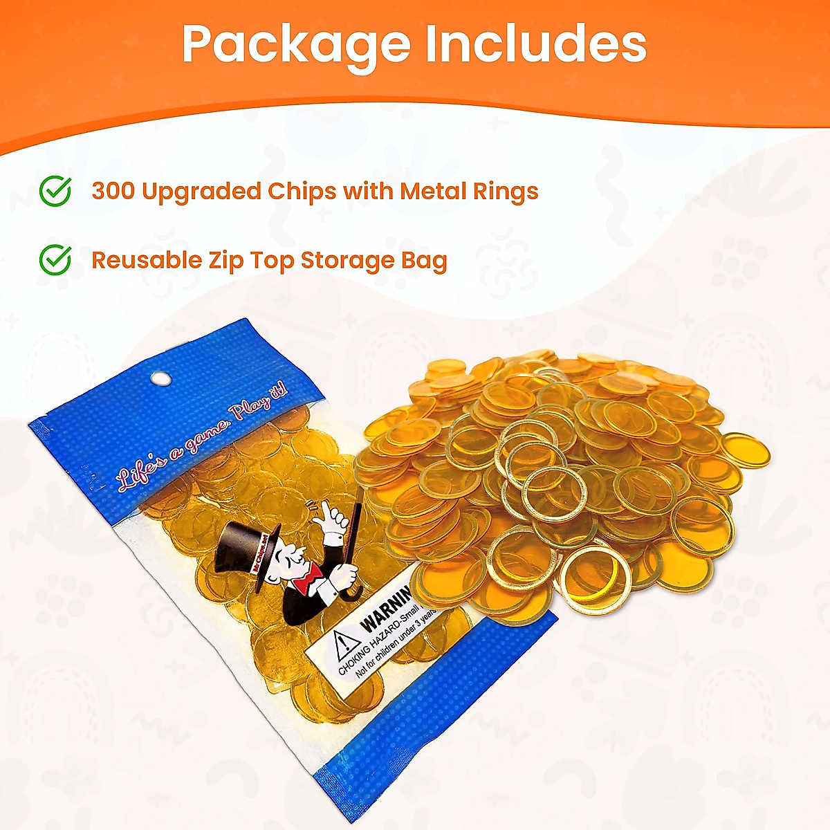 MR CHIPS Magnetic Bingo Chips with Metal Ring 3/4 Inch 300 Upgraded Pieces Orange Transparent - Available in 7 Colors A Reusable Storage Bag
