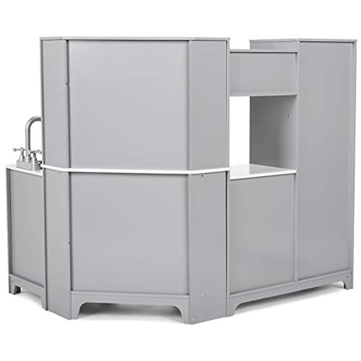 Amazon Basics Kids Corner Wooden Kitchen Toy Playset with Stove, Oven, Sink, Fridge and Accessories, for Toddlers, Preschoolers, Children Age 3+ Years, White & Gray, 39.37"L x 28.35"W x 35.04"H