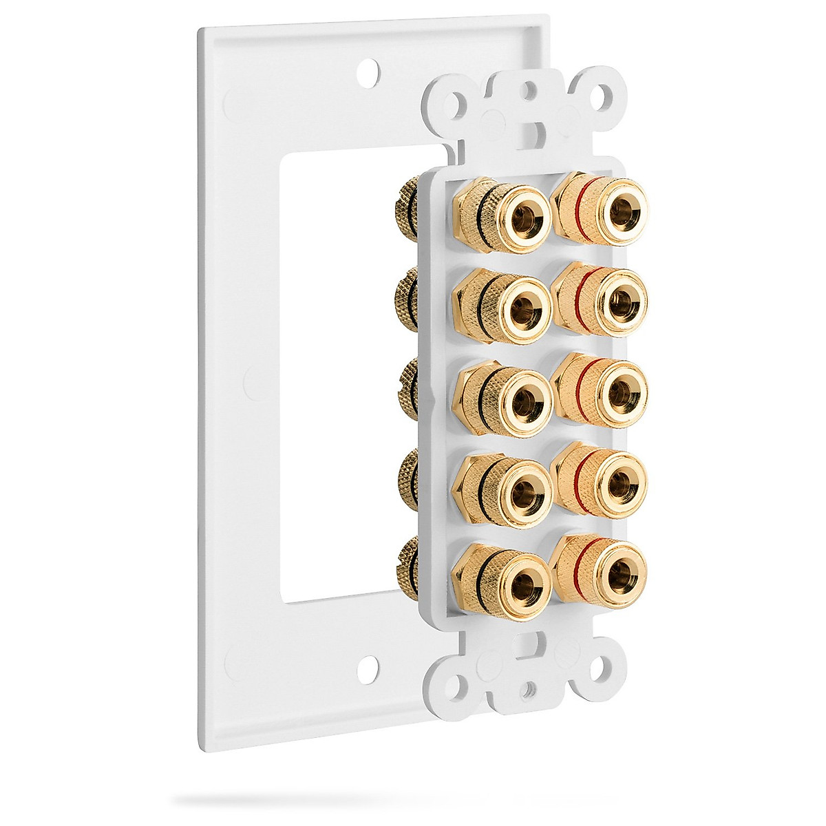 Fosmon [Five Speaker] Home Theater Wall Plate - Premium Quality Gold Plated Copper Banana Binding Post Coupler Type Audio Wall Plate for 5 Speakers (White)