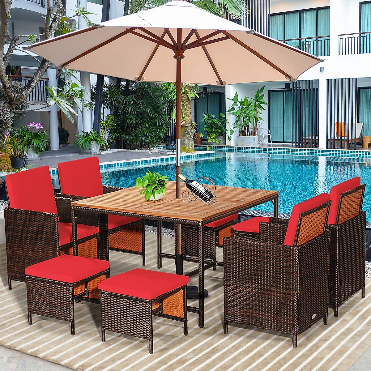 Tangkula 9 Pieces Acacia Wood Patio Dining Set, Space Saving Wicker Chairs and Wood Table with Umbrella Hole Outdoor Furniture Set, Suitable for Garden, Yard, Poolside, Outdoor Seating Set