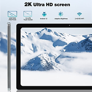 Veidoo Android Tablet 10.4 Inch, 6GB + 128GB Memory(Up to 2TB), 2K 1200 * 2000 FHD Screen, Octa-Core Processor, GPS, 2.4G/5G WiFi, Bluetooth 5.0, Dual Nano SIM Card 4G LTE Tablet (Gray)