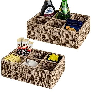StorageWorks Tea Bag Organizers, Small Wicker Baskets with 6 Sections, Coffee and Tea Organizers for Coffee Bar, Shelves, Countertop, Seagrass Baskets for Organizing, 2Pack