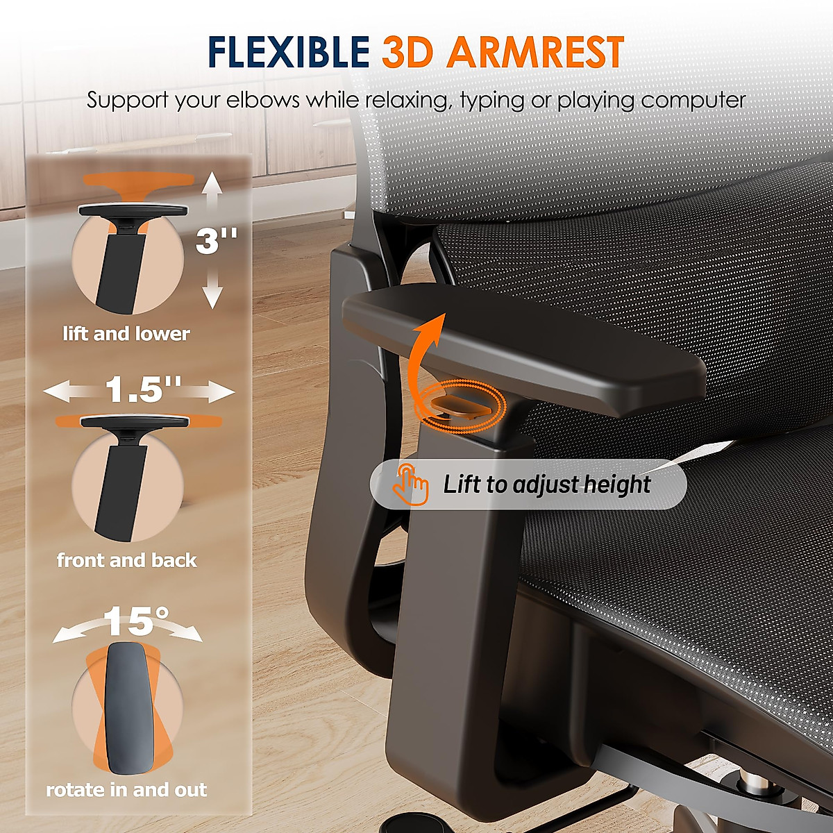 GABRYLLY Ergonomic Office Chair, High-Back Desk Chairs with Adjustable Lumbar Support, Headrest, Tilt Function, Soft Wide Seat and 3D Armrest, 300 LBS Sturdy Home Mesh Chair Task Chairs, GY1070